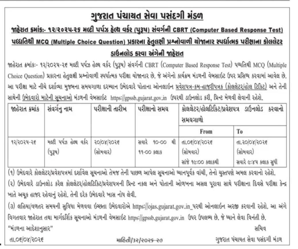 GPSSB Multi Purpose Health Worker (Male) Call Letter 2026 Out: Download ...