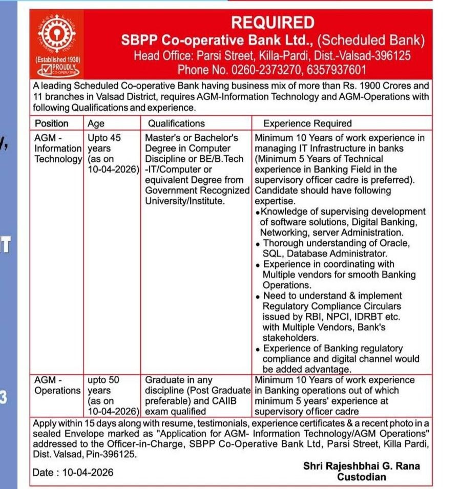 SBPP Co-operative Bank Recruitment 2026 for AGM (IT & Operations) Posts ...